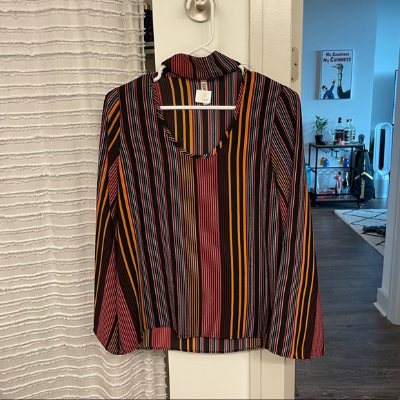 Tops | Boutique Long Sleeve High Cut Out Neck Stripped Blouse | Poshmark